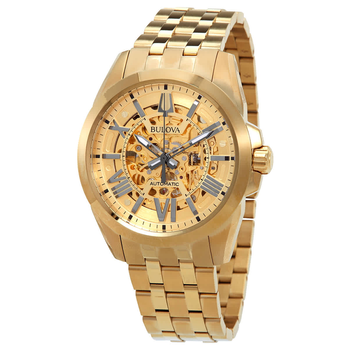 Bulova Shutton Automatic Gold Skeleton Dial Mens Watch 97A162 Bulova