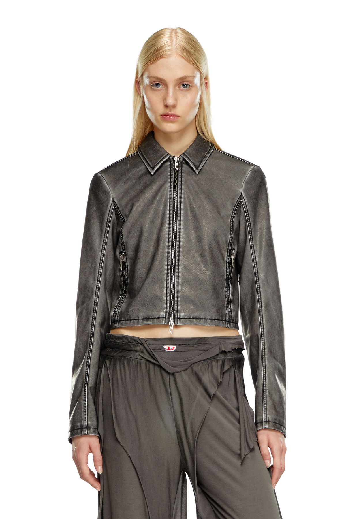 Diesel Cropped jacket in washed tech fabric - Jackets Womens in Black ...