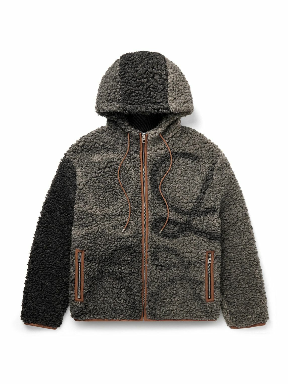 LOEWE - Leather-Trimmed Logo-Jacquard Fleece Hooded Jacket - Gray Loewe