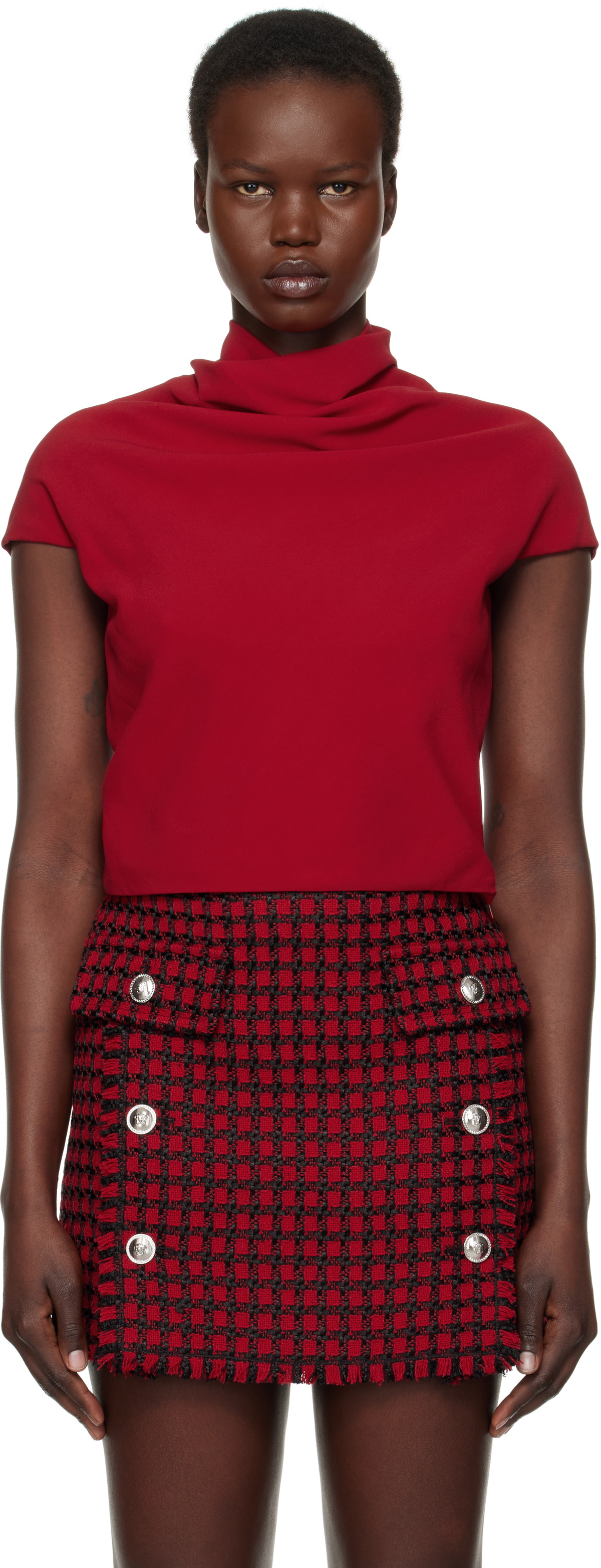 Versace Red Cady Draped-Neck Top Versace