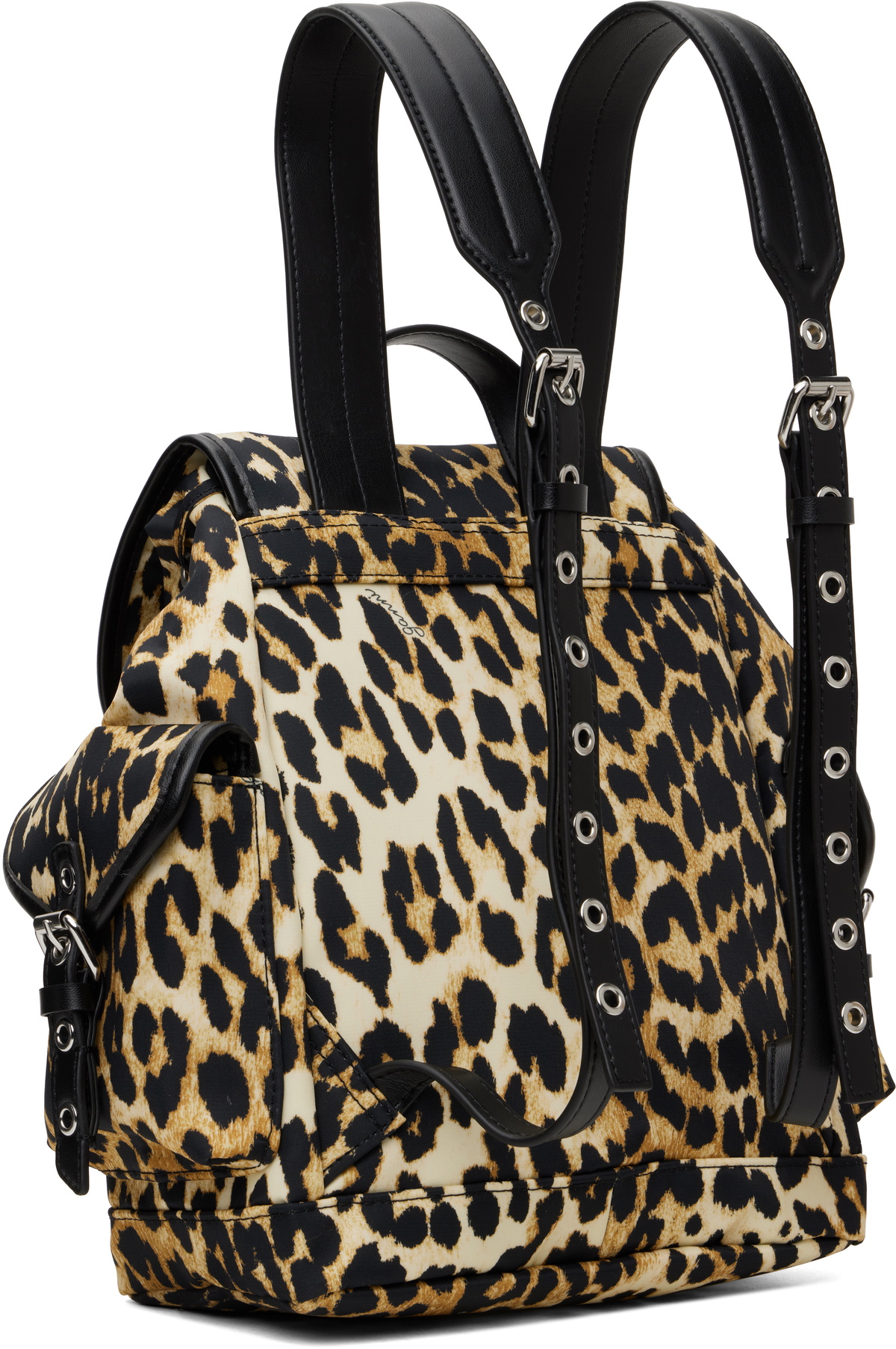 GANNI Tan & Black Leopard Small Nylon Bucky Backpack GANNI
