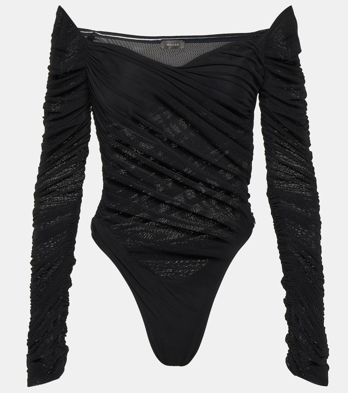 Mugler Ruched off-shoulder mesh bodysuit Mugler