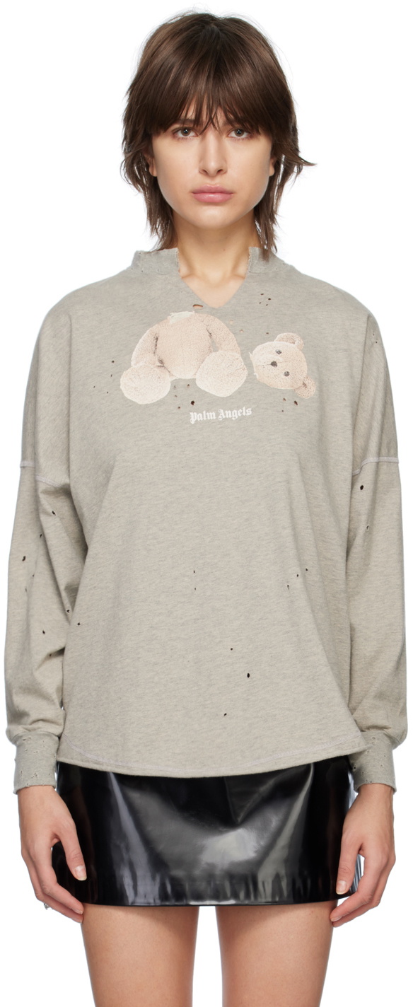 Palm Angels Gray Ripped PA Bear Long Sleeve T-Shirt Palm Angels