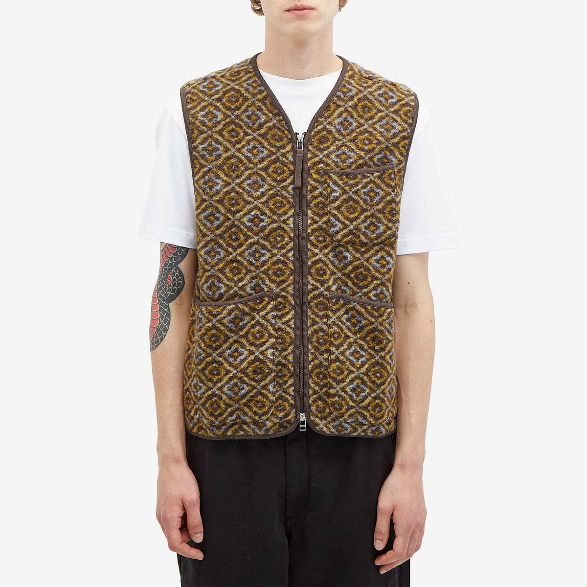Universal Works Men's Geometric Fleece Zip Gilet in Brown Universal Works