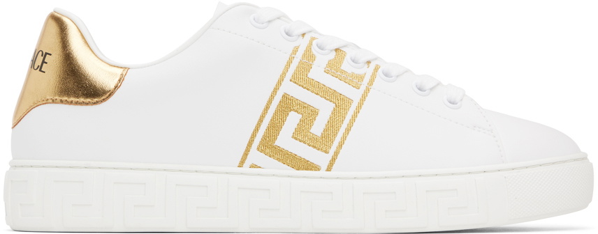 Versace White & Gold Embroidered Greca Sneakers Versace