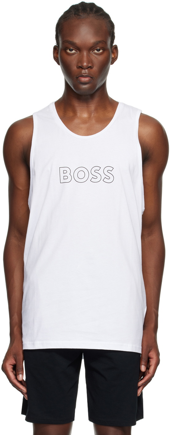 BOSS White Printed Outline Logo Tank Top BOSS