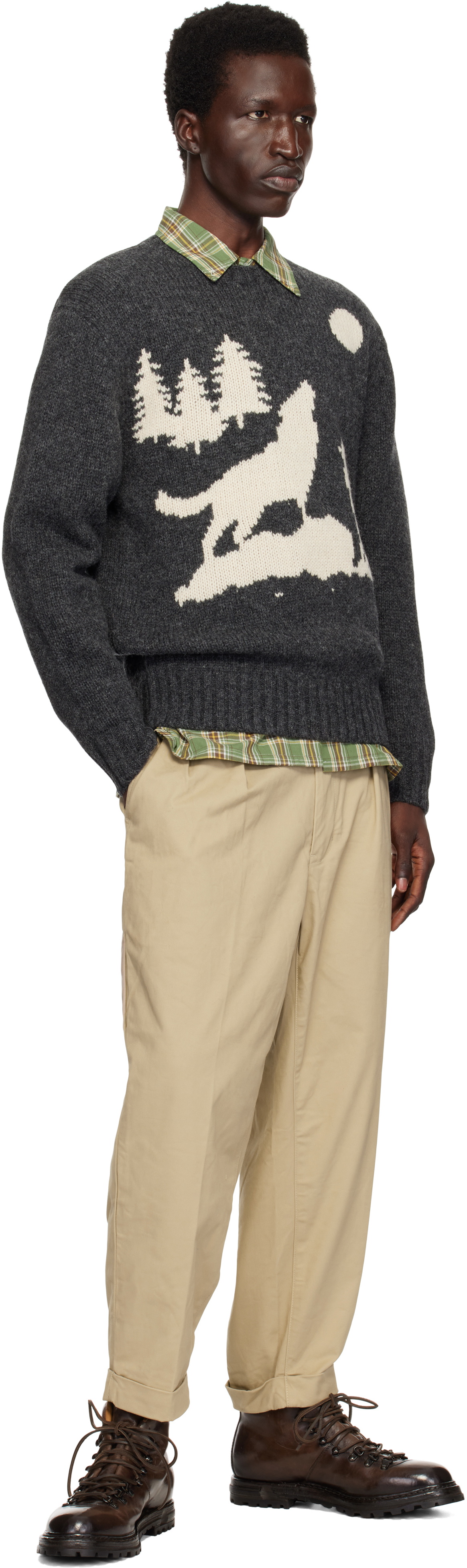 BEAMS PLUS Gray Crew Intarsia 3G Sweater Beams Plus