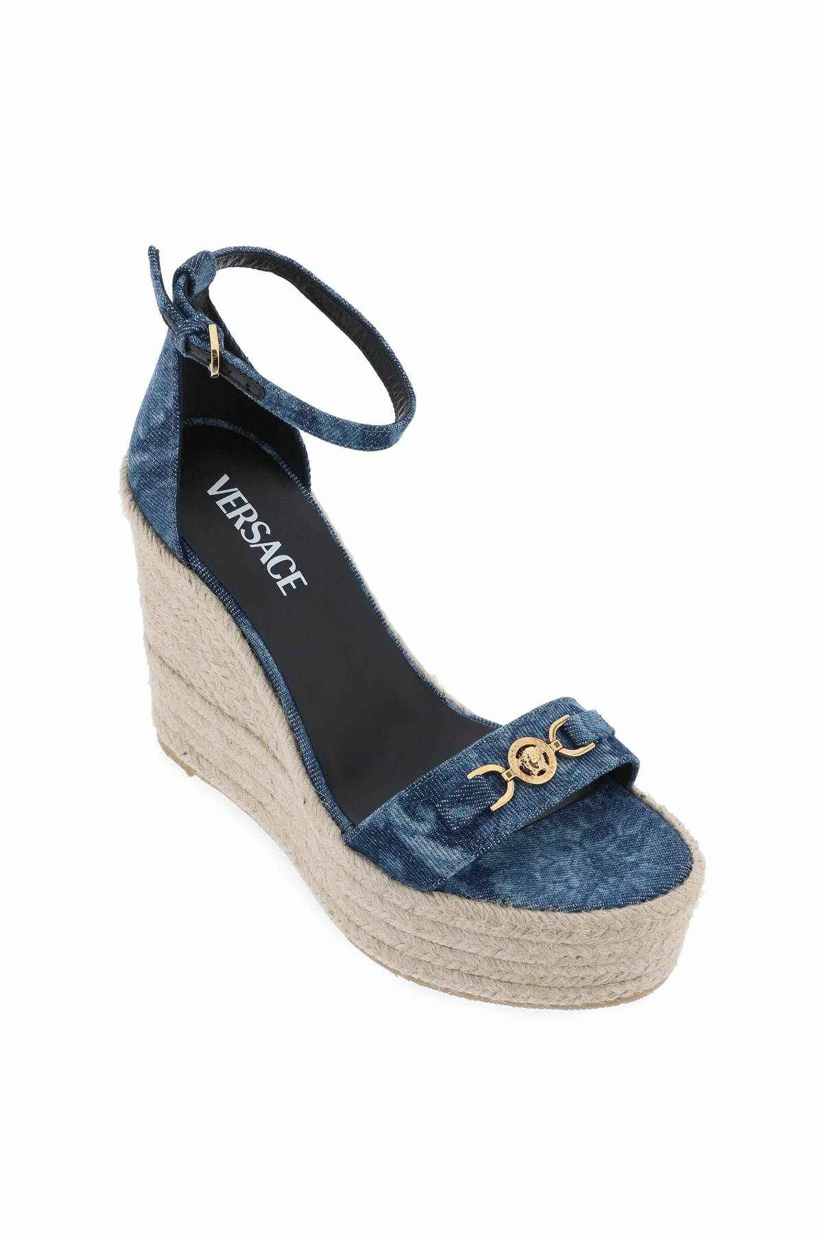 VERSACE denim barocco wedge sandals Blue Versace