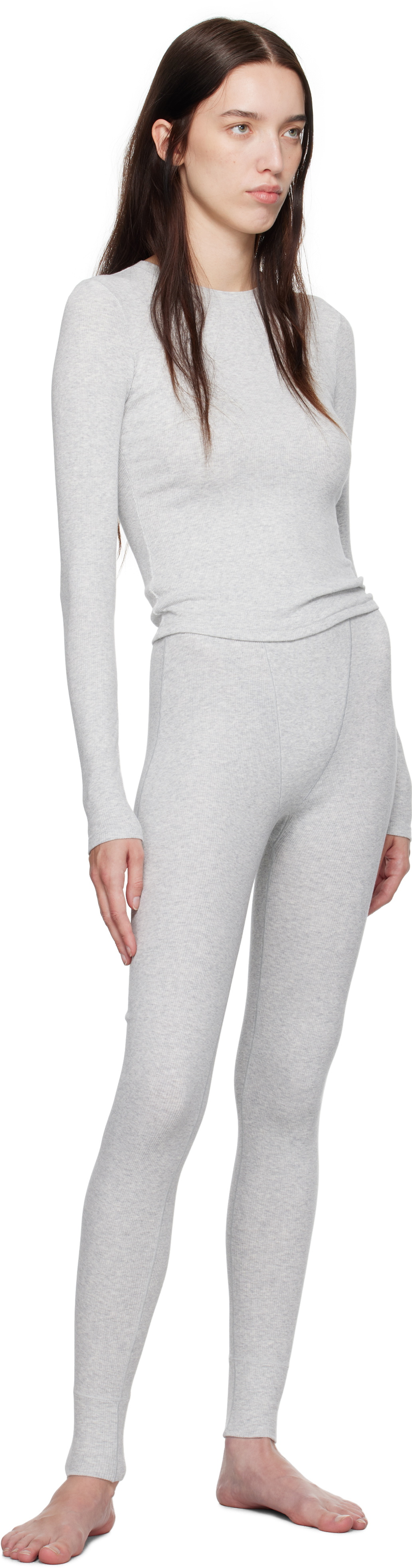 SKIMS Gray Cotton Rib Long Sleeve T-shirt SKIMS