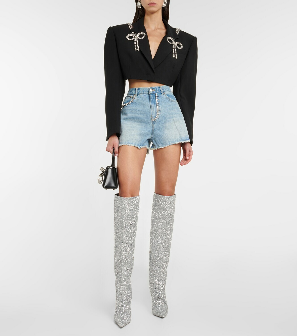 Area - Embellished cutout cotton denim shorts AREA