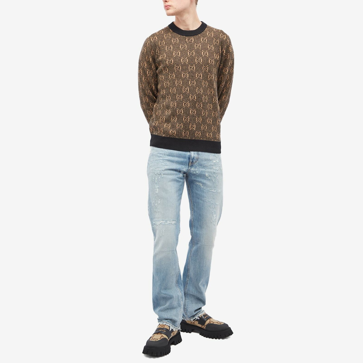 Gucci Men's GG Logo Crew Knit in Camel Gucci