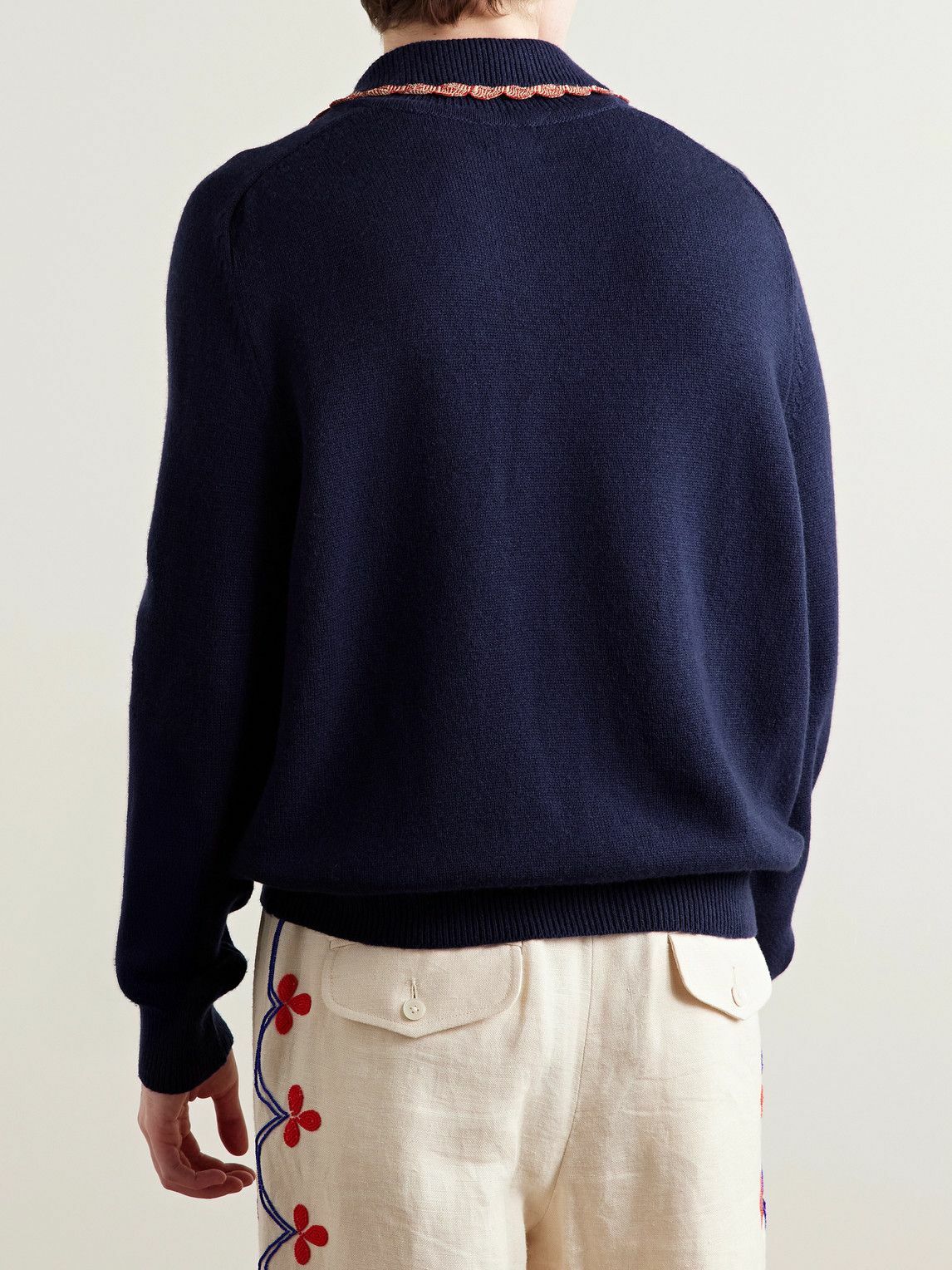 BODE - Rookie Appliquéd Embellished Wool and Cashmere-Blend Polo Shirt - Blue Bode