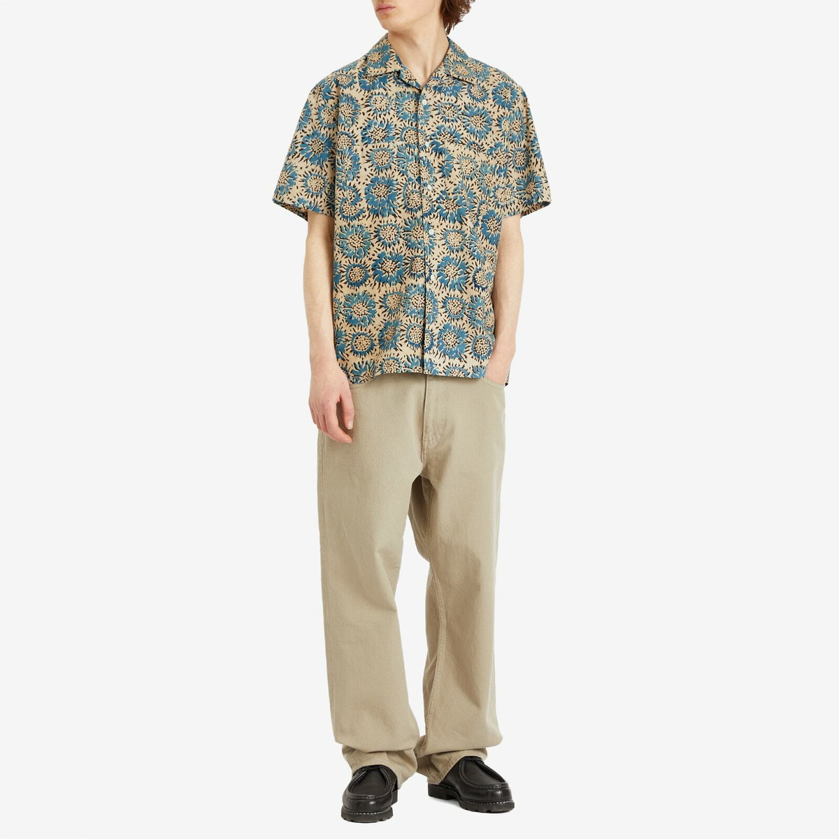 Beams Plus Men's Open Collar Block Print Sunflower Shirt in Blue Beams Plus