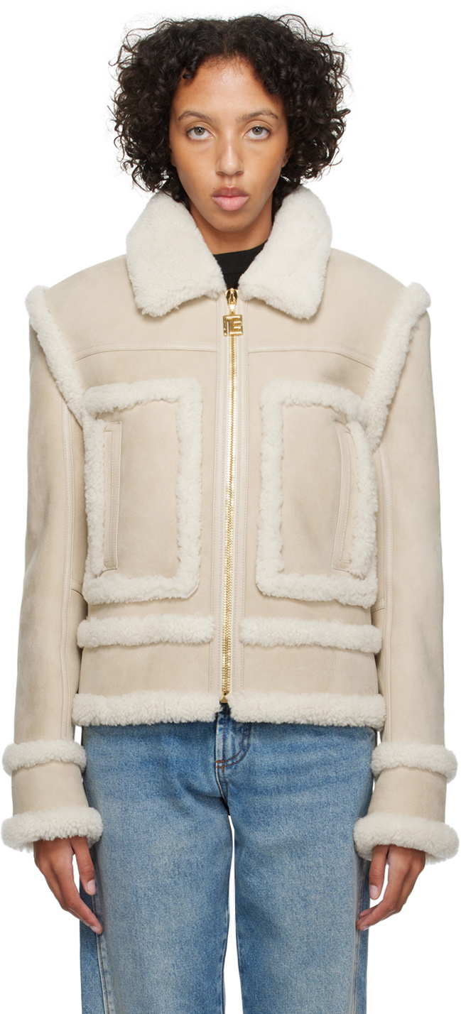 Balmain Beige Zip Shearling Jacket Balmain