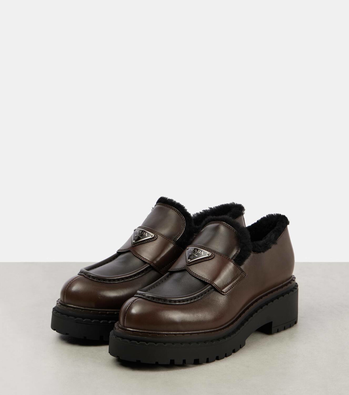 Prada Shearling-lined brushed leather loafers Prada