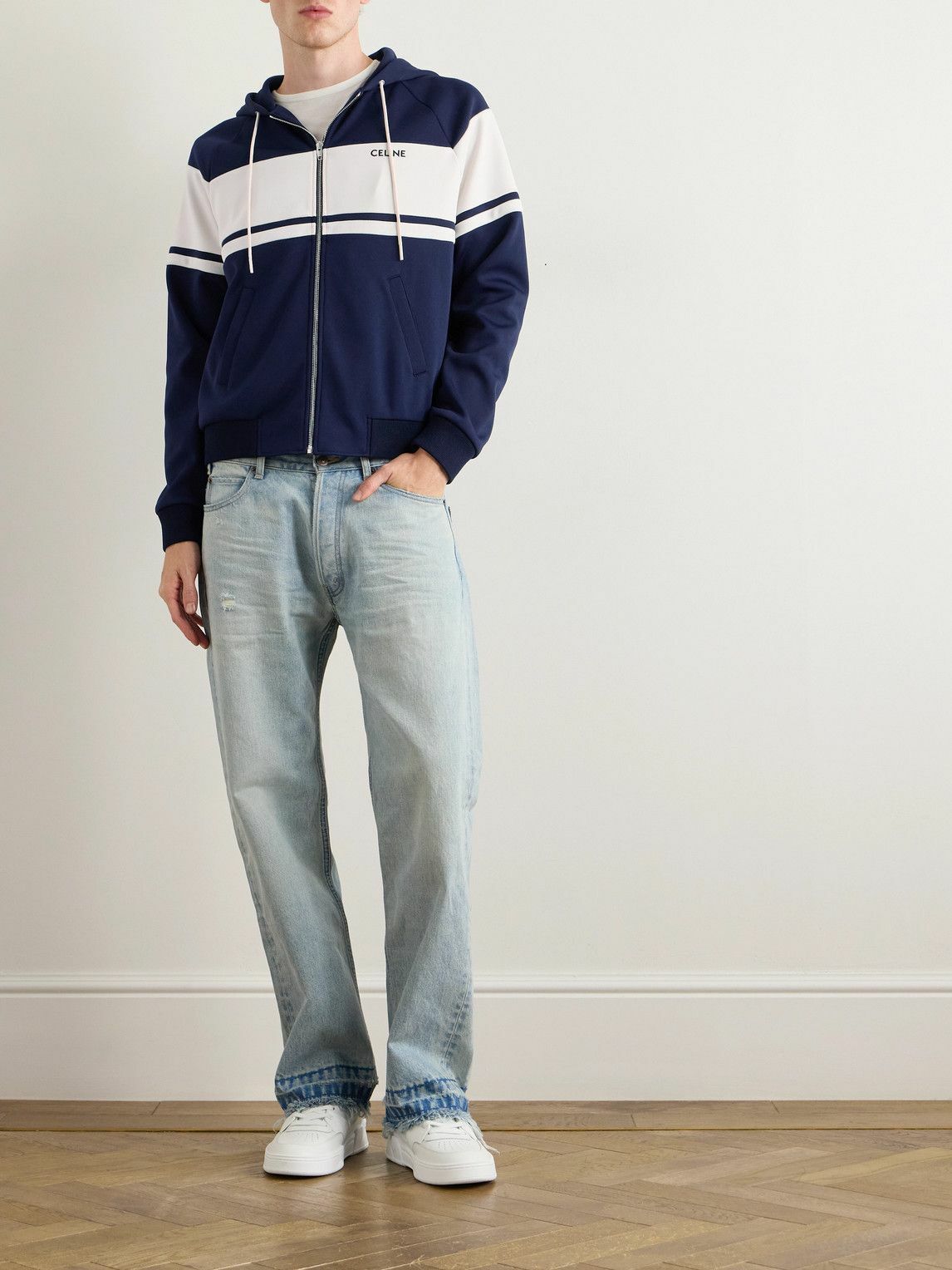 CELINE - Logo-Embroidered Striped Jersey Hooded Track Jacket - Blue Celine
