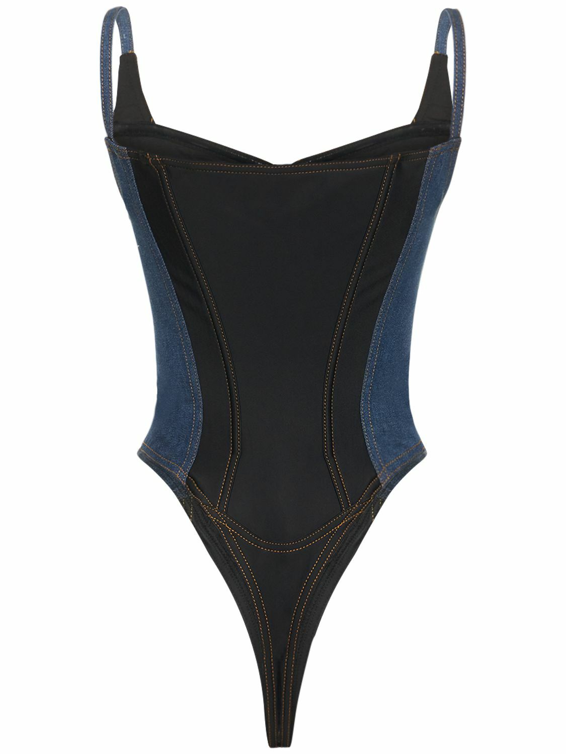 MUGLER - Two-tone Denim Front Zip Corset Bodysuit Mugler