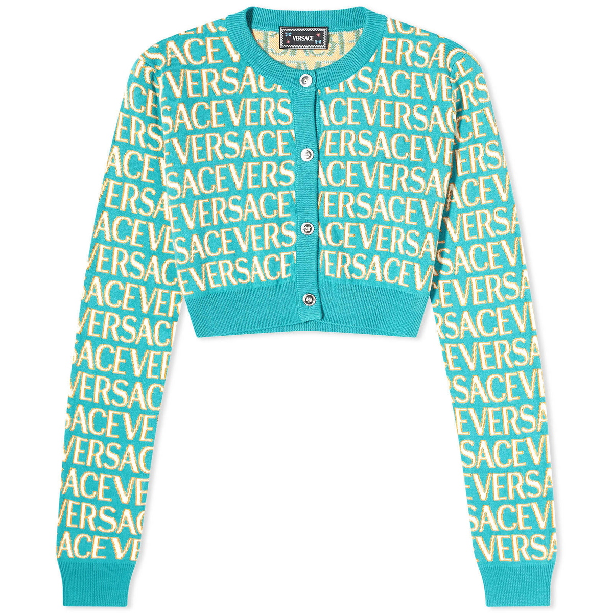 Versace Women's Logo Cropped Knit Cardigan in Blue Versace