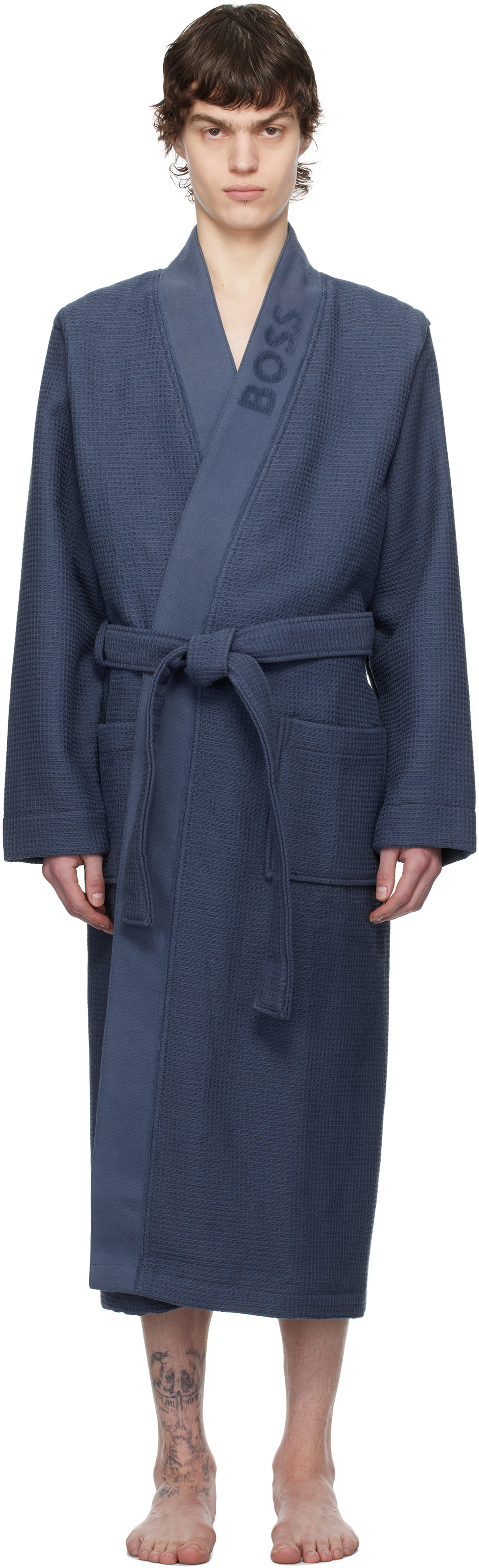 BOSS Navy Waffle-Structure Dressing Robe BOSS