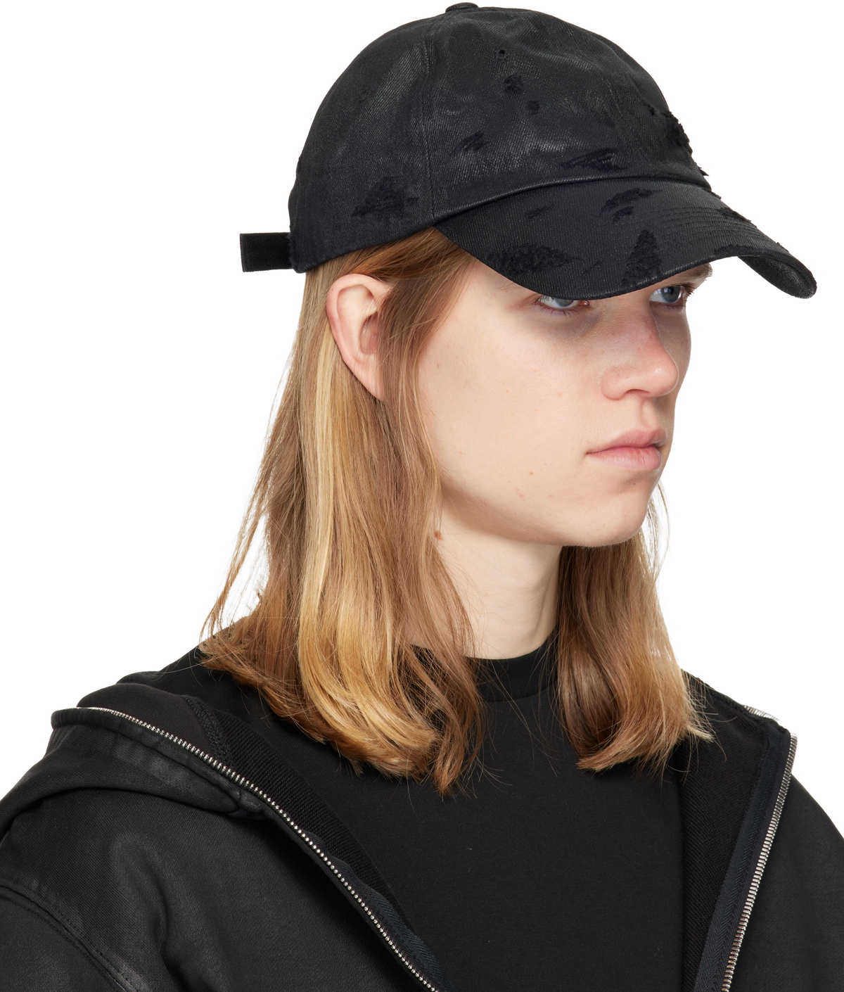 DET BLEV SENT Black Distressed Waxed Denim Cap