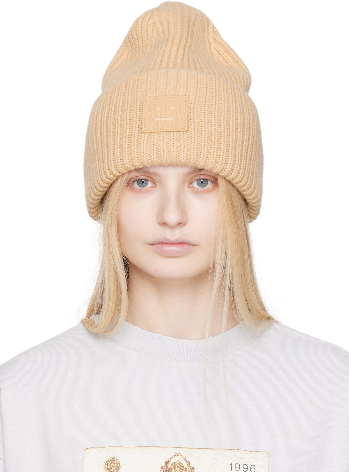 Acne Studios Beige Large Face Logo Beanie Acne Studios