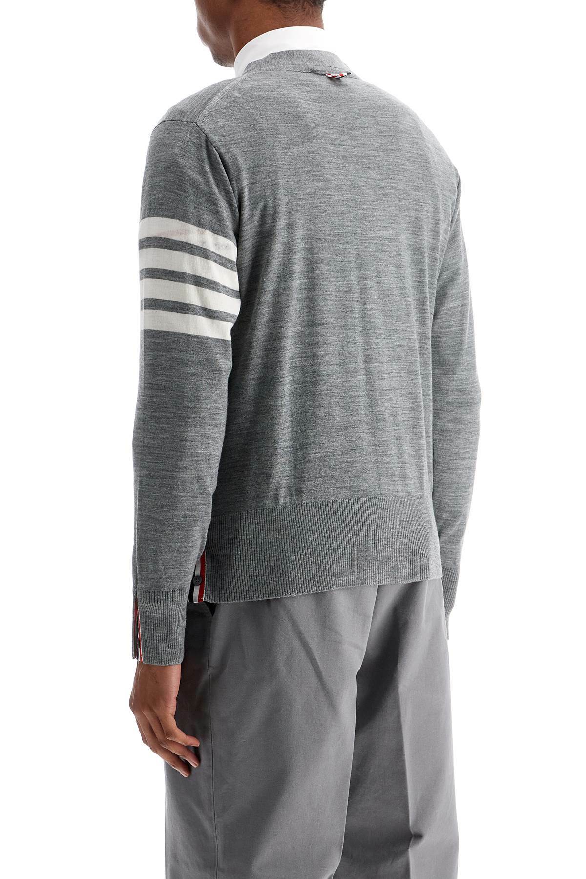 THOM BROWNE men's cardigan in pale grey merino wool with 4 white ...