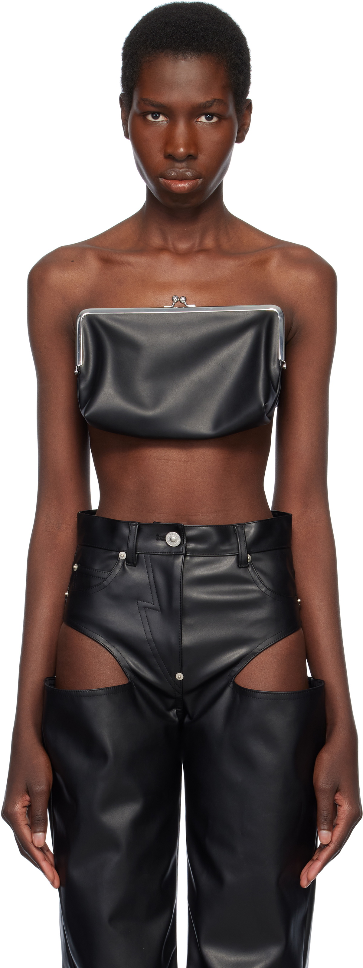 Pushbutton Black Coin Purse Belted Faux-Leather Top Pushbutton