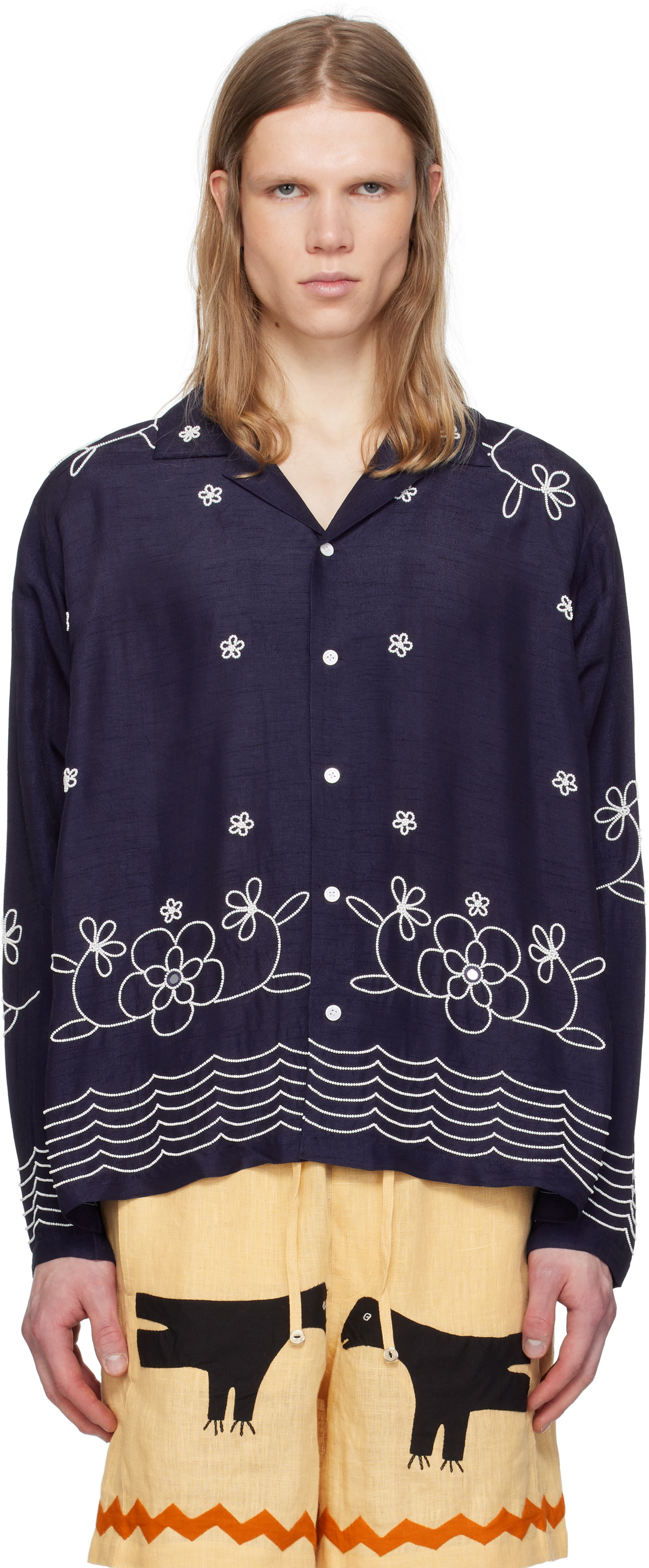 HARAGO Navy Bead Embroidered Shirt HARAGO
