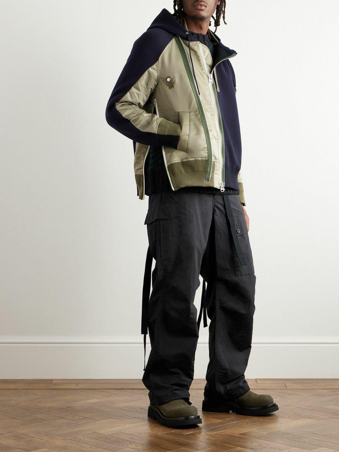 Sacai - Asymmetric Panelled Cotton-Blend Jersey and Shell Hoodie - Blue Sacai