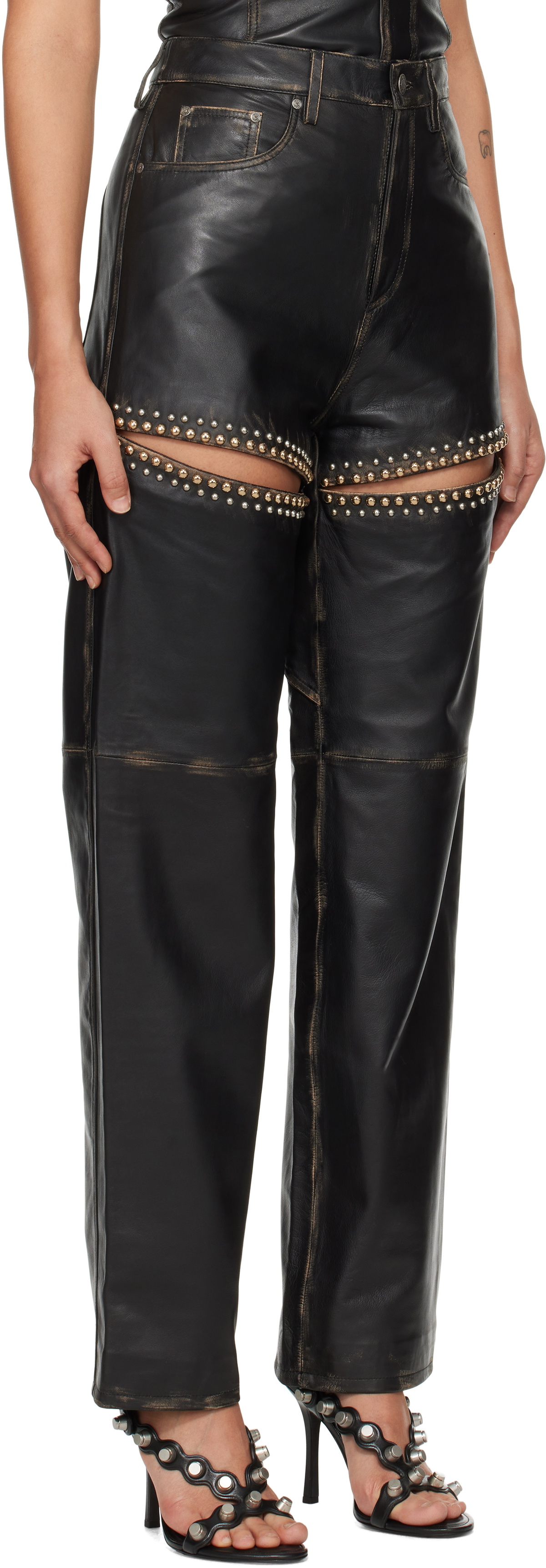 AREA Black Studded Slit Leather Pants AREA AREA Black Studded Slit Leather Pants AREA