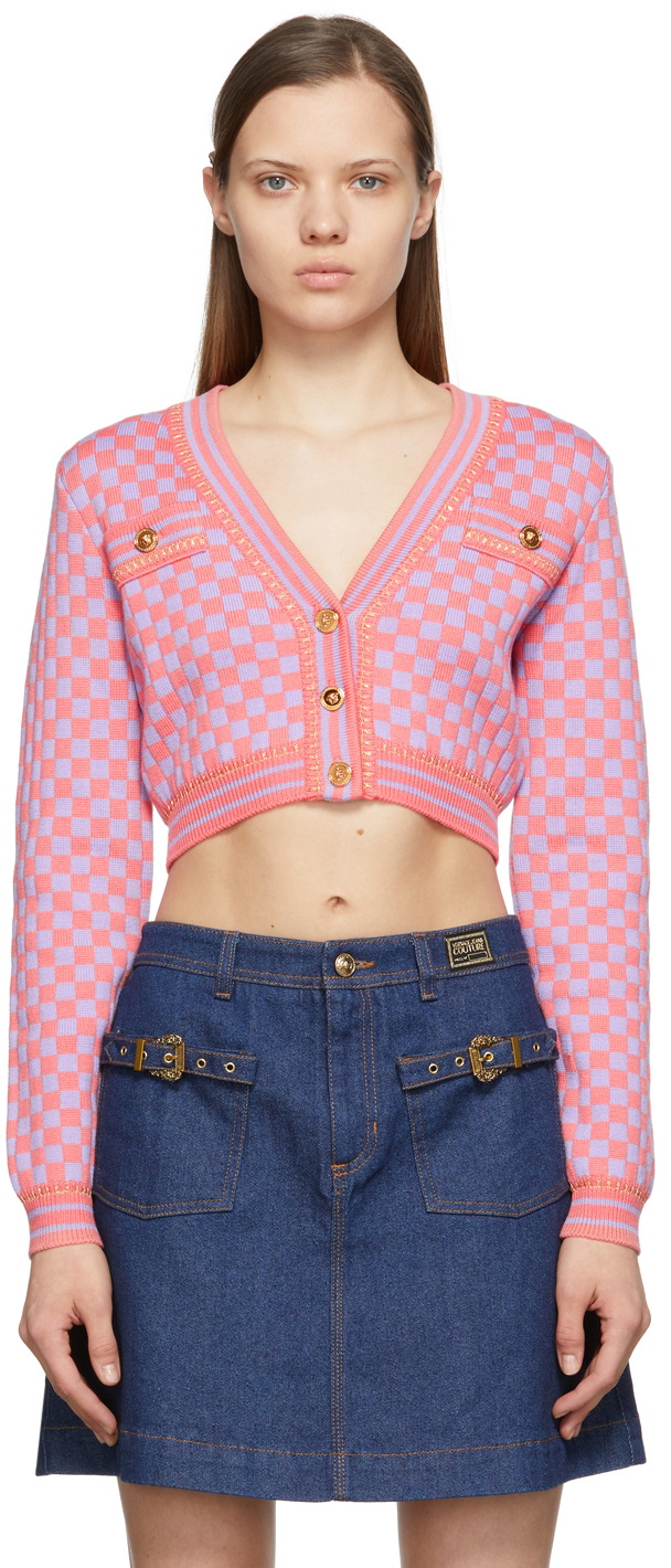 Versace Pink & Purple Checkboard Cropped Cardigan Versace