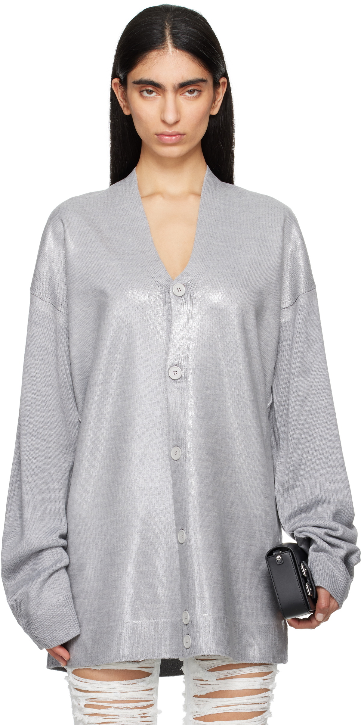 MM6 Maison Margiela Gray Plastified Knit Cardigan MM6 Maison Margiela
