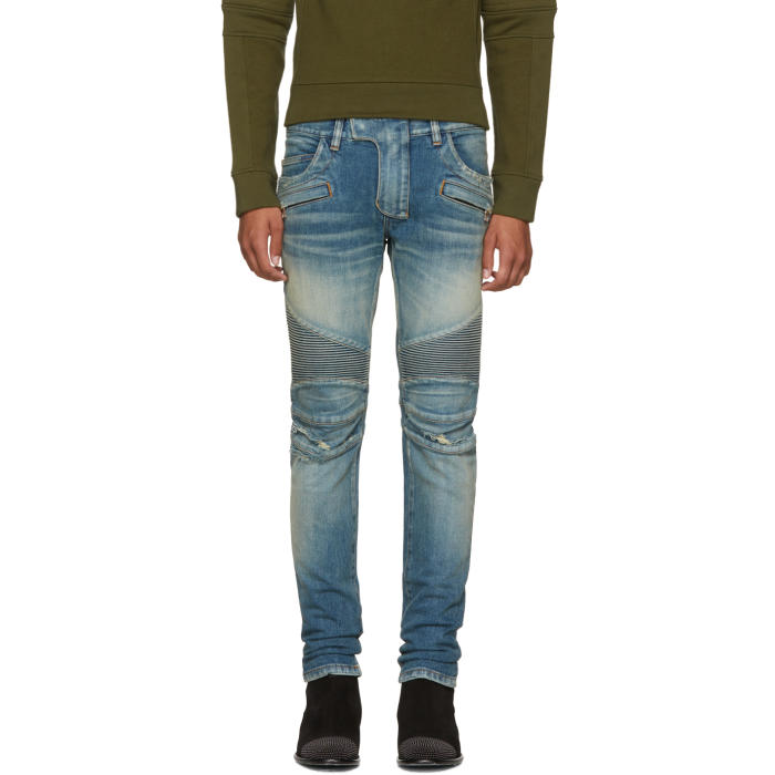 Balmain Blue Distressed Biker Jeans Balmain