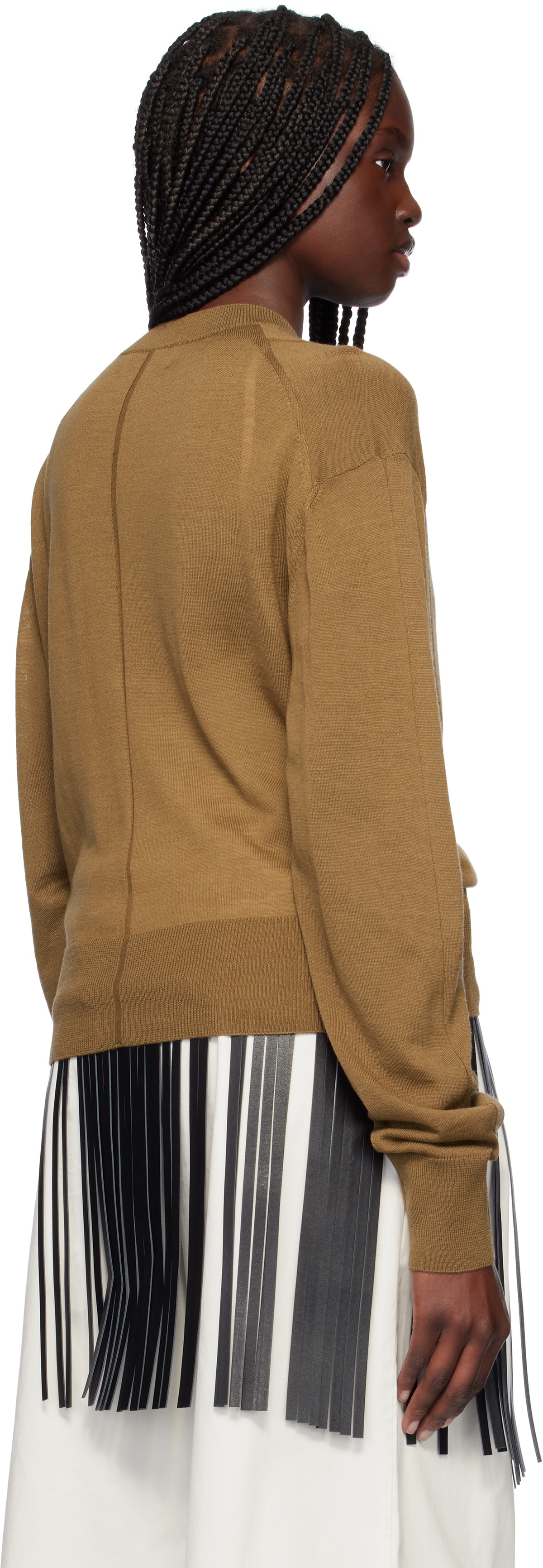 RECTO Tan Crewneck Sheer Knit Cardigan Recto