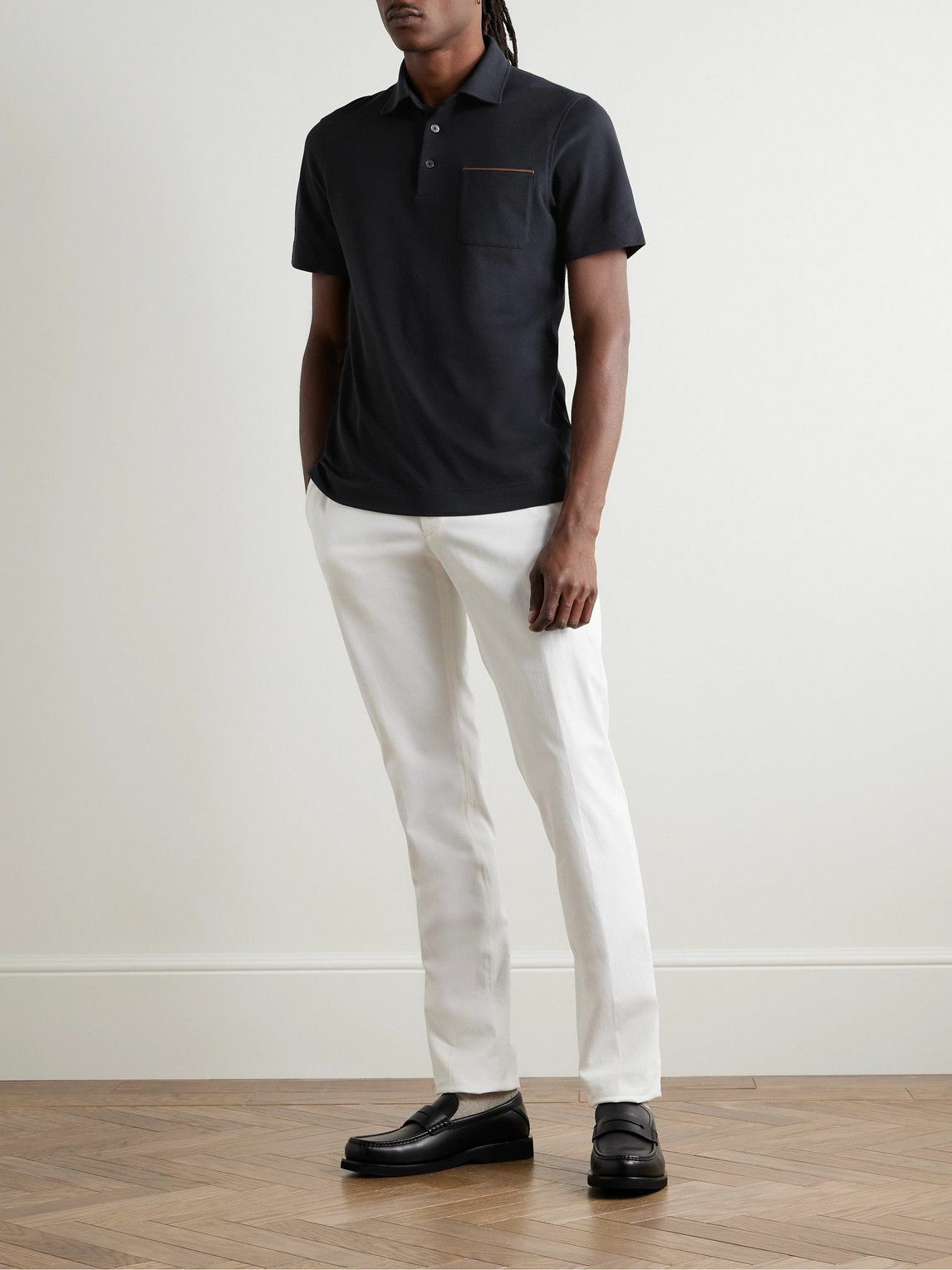 Zegna - Leather-Trimmed Cotton-Piqué Polo Shirt - Blue Zegna