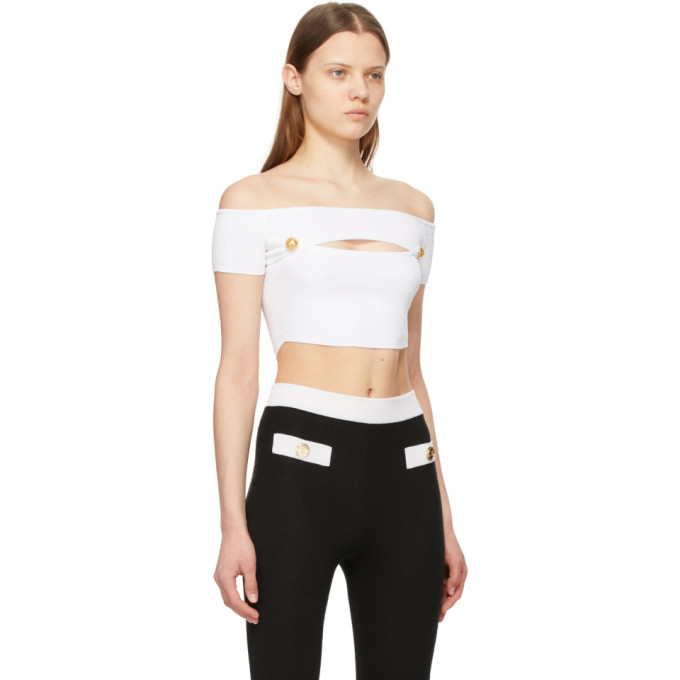 Balmain White Off-The-Shoulder Cropped Tank Top Balmain
