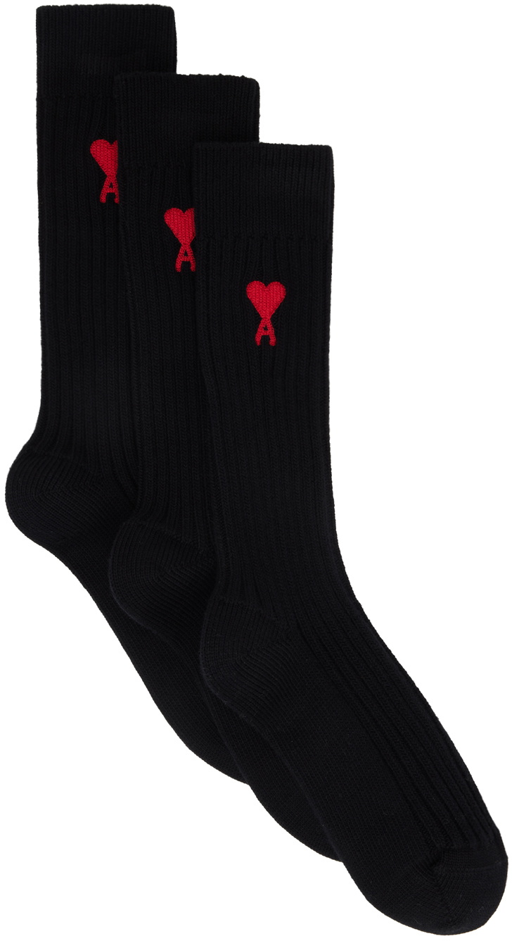 AMI Paris Three-Pack Black Ami de Cœur Socks AMI