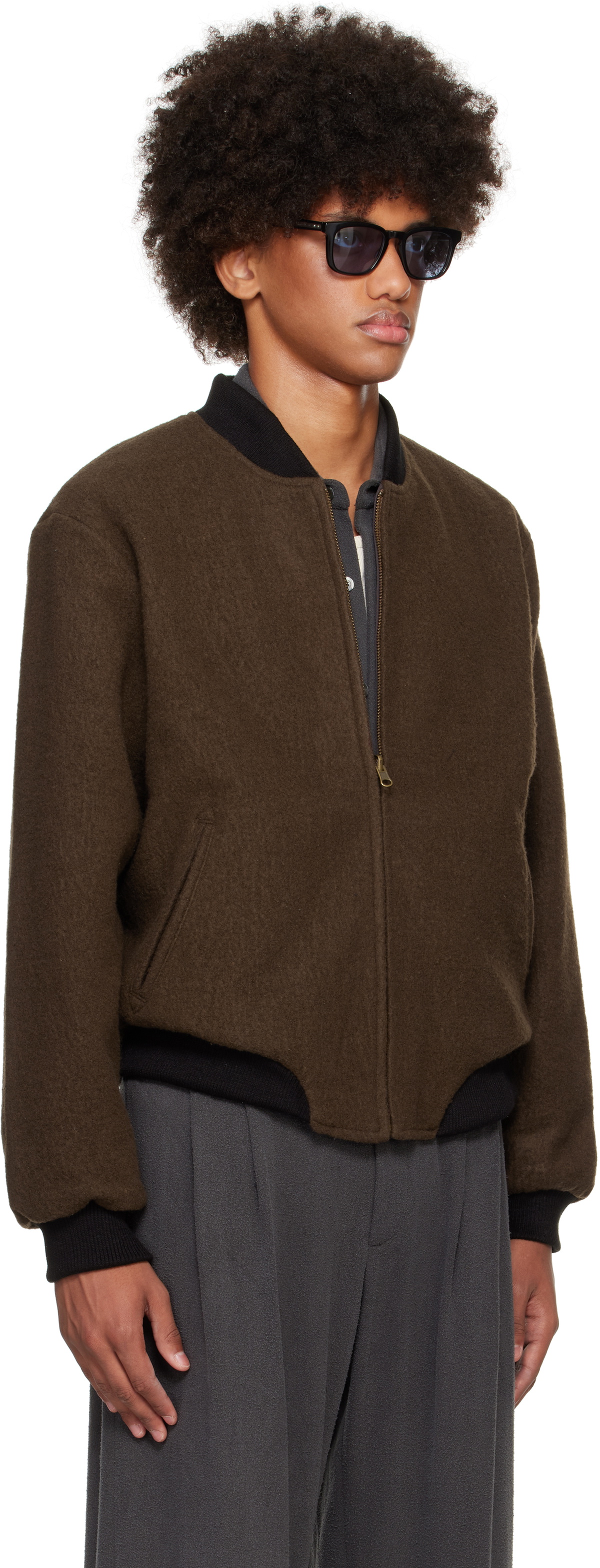 Small Talk Studio Brown Wool Fleece Reversible Bomber Jacket Small Talk ...