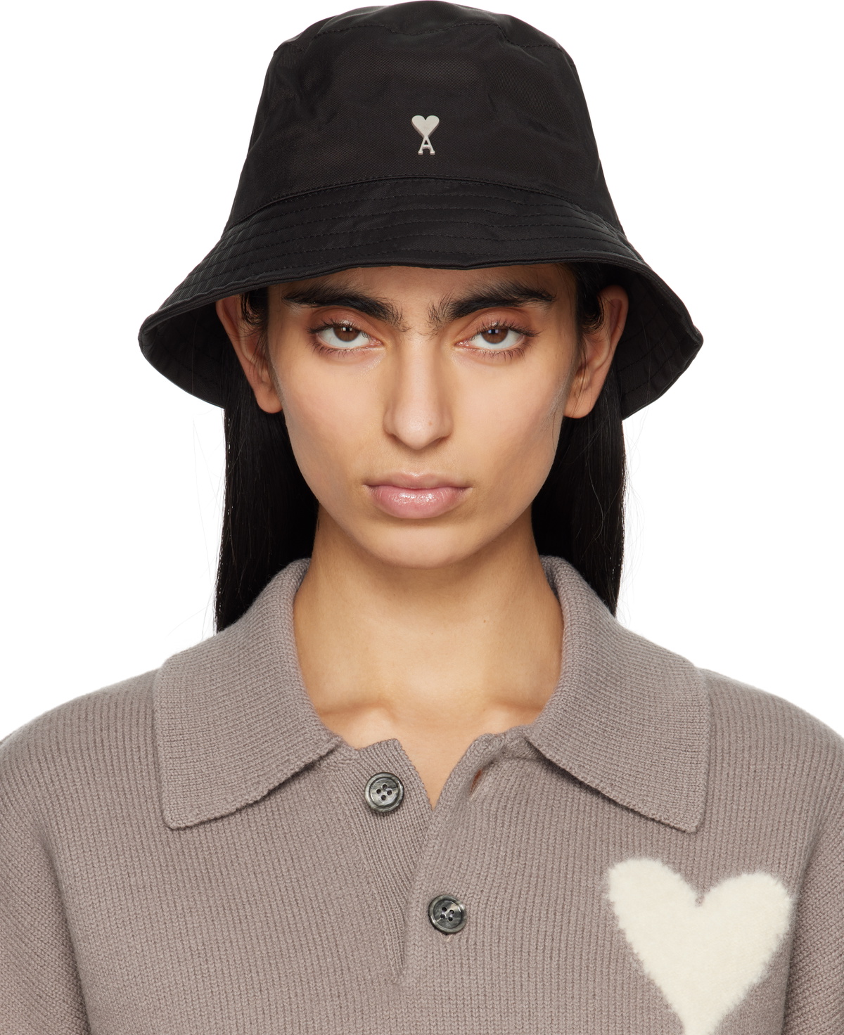 AMI Paris Black Twill Ami de Coeur Stud Bucket Hat AMI