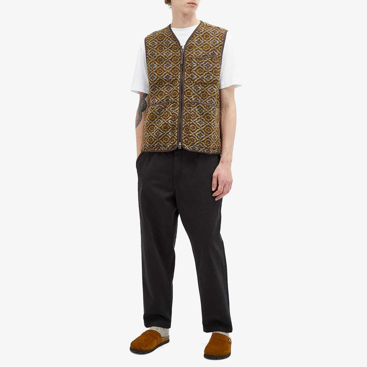 Universal Works Men's Geometric Fleece Zip Gilet in Brown Universal Works