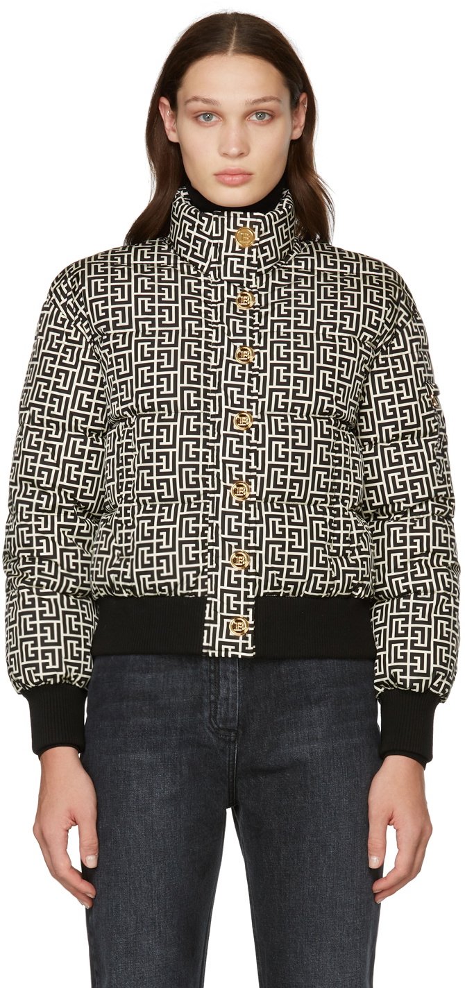 Balmain Beige & Black Monogram Bomber Jacket Balmain