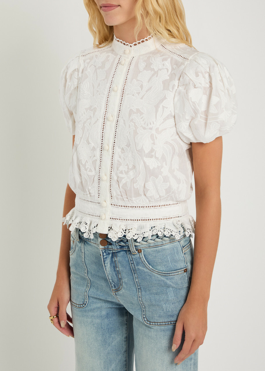Alice + Olivia Loryn Embroidered Cotton Blouse Off White Alice + Olivia