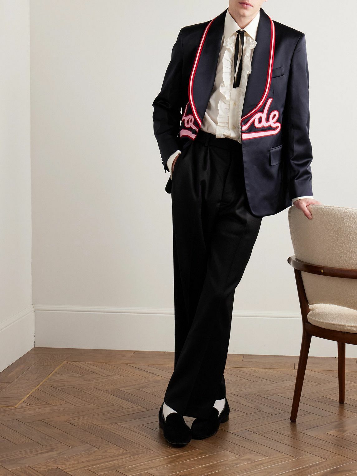 BODE - Embroidered Logo-Appliquéd Satin Blazer - Black Bode