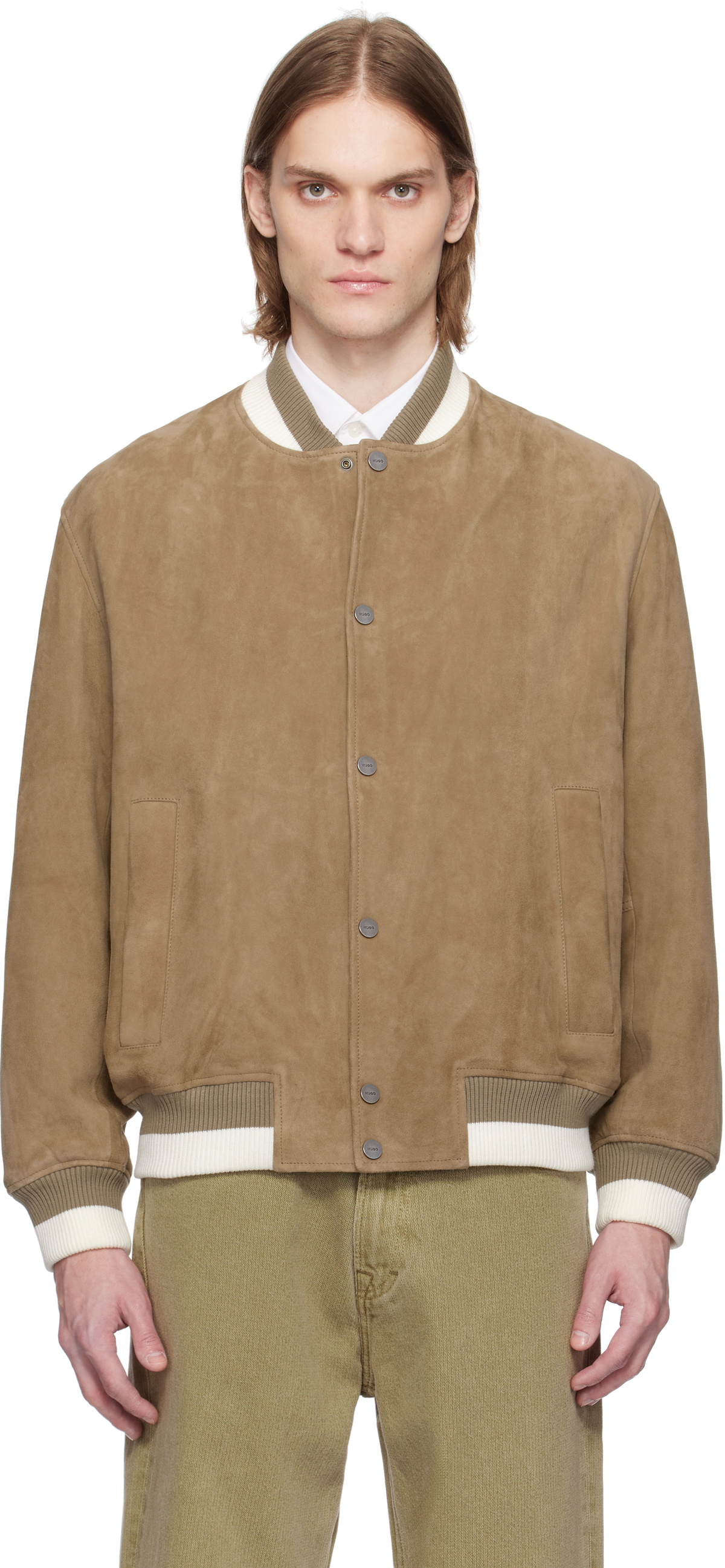 Hugo Brown Ribbed-Trim Suede Bomber Jacket Hugo Boss