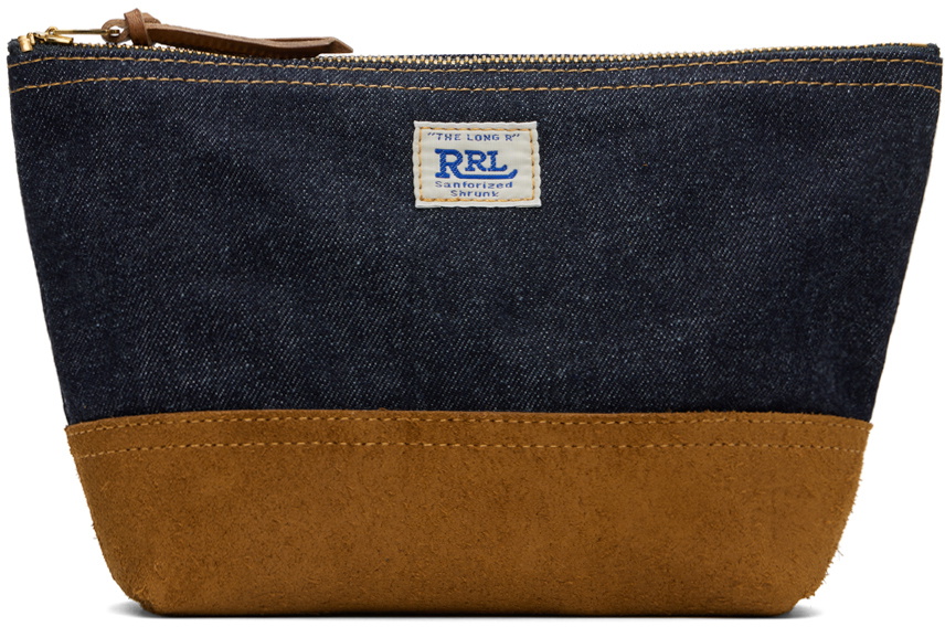 RRL Indigo & Brown Suede-Trim Denim Pouch RRL