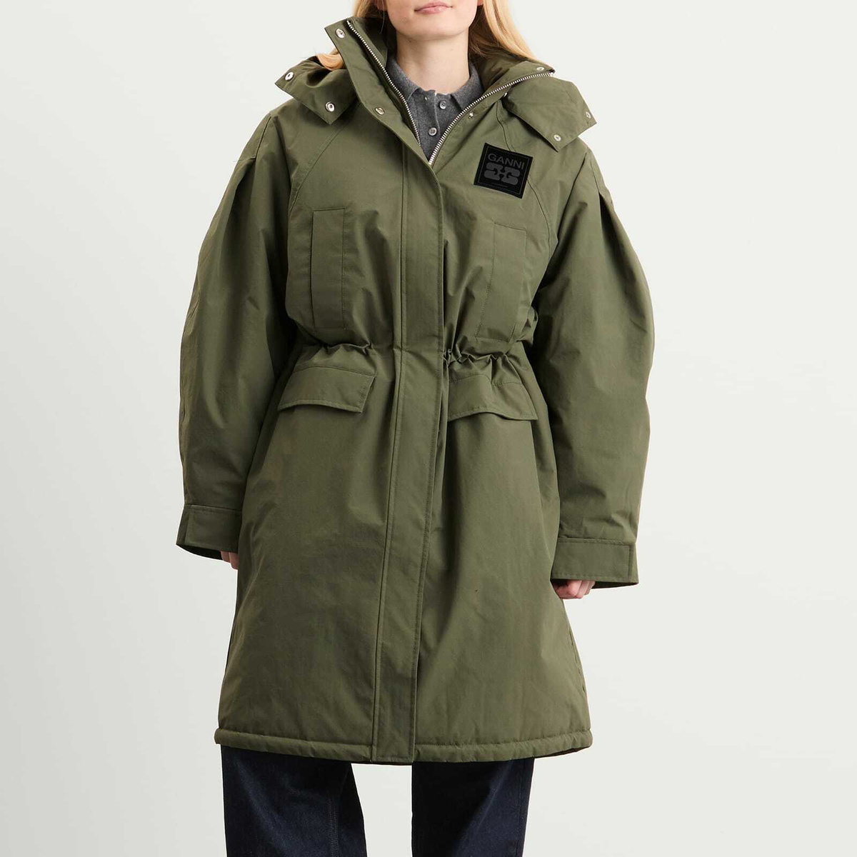 GANNI Women's Ripstop Tri-Layer Parka Jacket Coat in Kalamata GANNI