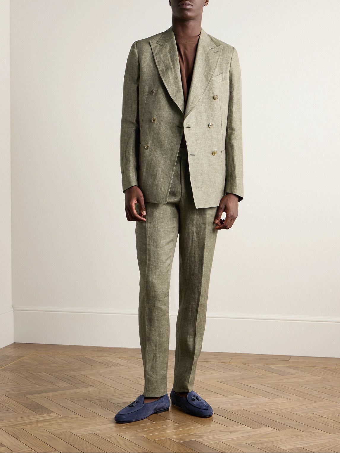 De Petrillo - Straight-Leg Pleated Herringbone Linen Suit Trousers ...