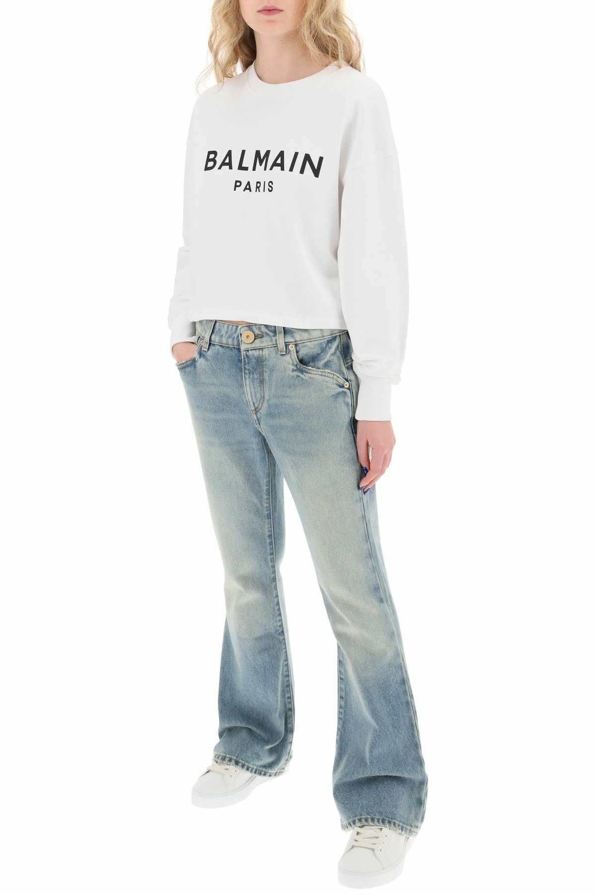 BALMAIN cropped sweatshirt with flocked logo White Balmain