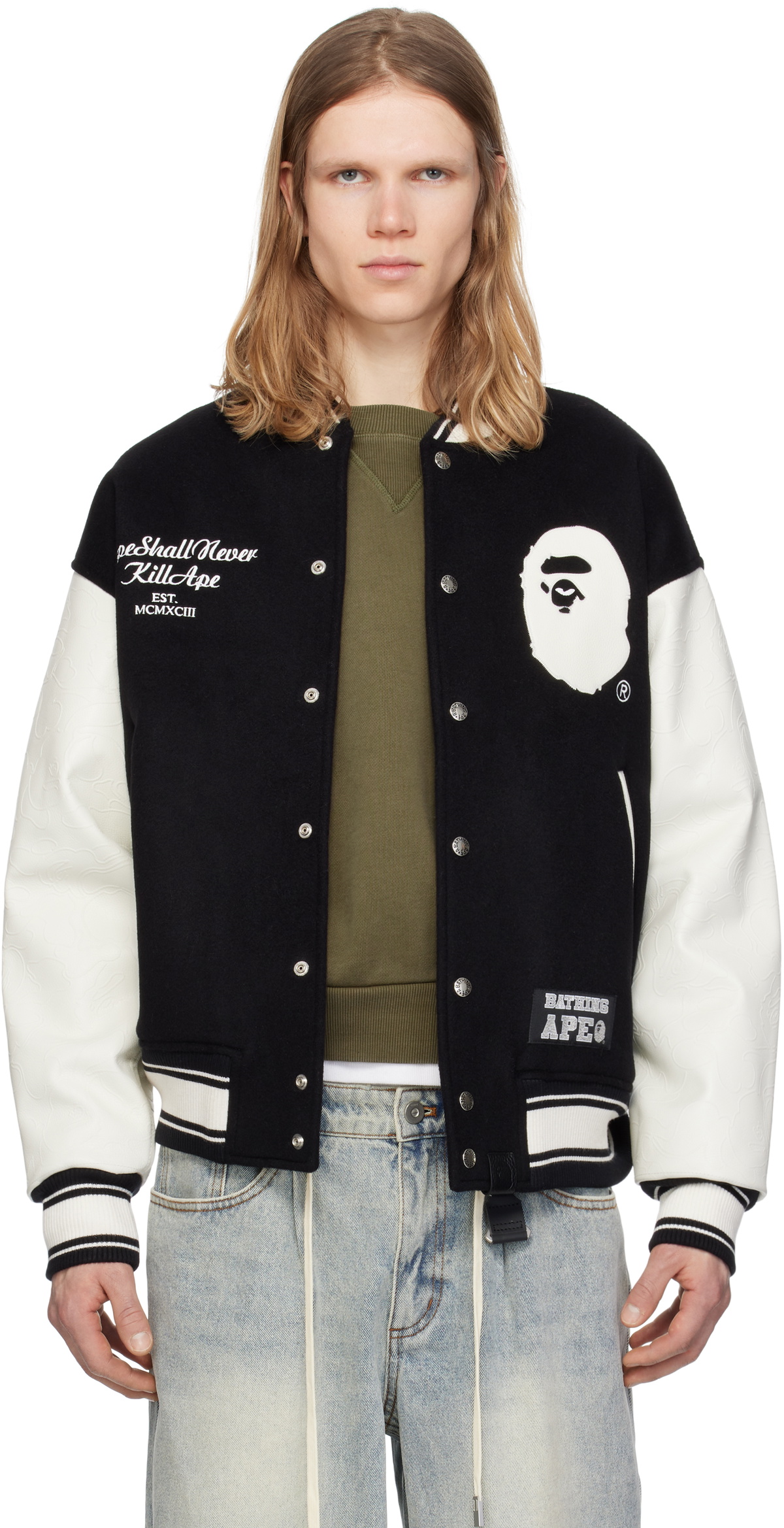 BAPE Black & White 'BAPE' Varsity Bomber Jacket A Bathing Ape