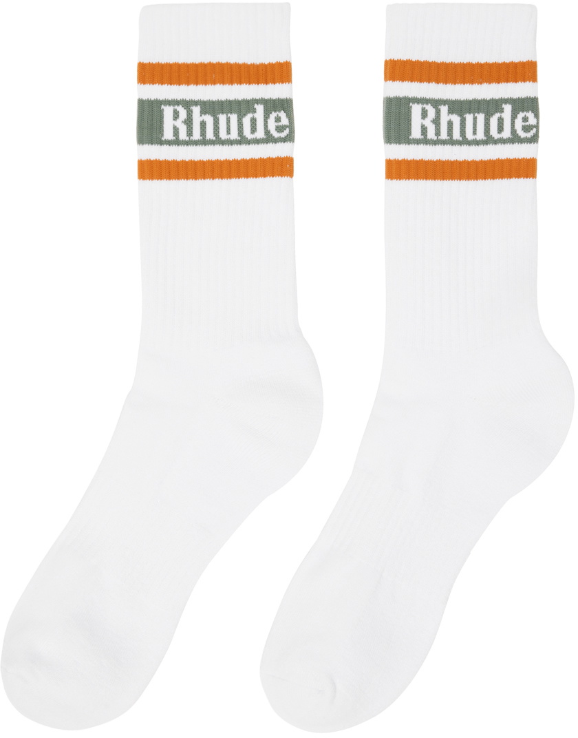 Rhude White & Green Stripe Logo Socks Rhude